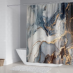 waeyeitery 4PCS Blue Brown Marble Bathroom Shower Curtain Sets with Rugs,Toilet Lid Pad Cover and Bath Mat with 12 Hooks, Abstract Marbled Art Bathroom Decor Set, Polyester, Waterproof, 72' Wx72 L