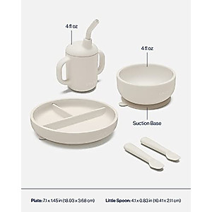 Lalo First Bites Silicone Baby Feeding Set - Baby Led Weaning Supplies - Non-Toxic Silicone - Includes 2 Bibs, 2 Spoons, Training Cup, Suction Plate and Bowl - 6 Pieces - Oatmeal