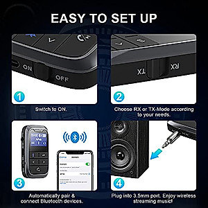 Ainostone Bluetooth 5.0 Transmitter Receiver 2-in-1 Bluetooth Adapter 3.5mm Aux Rechargeable Music Stream Handsfree Calls, Wireless Audio Adapter with LCD Screnn for Car Headphone Stereo TV Airplane