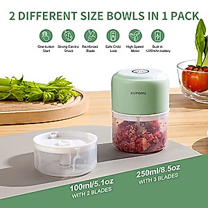 RUPOHU Wireless Electric Mini Food Choppers, Green Powerful Electric Garlic Chopper，Small Food Processor For Garlic Pepper Chili Onion Celery Ginger Meat with Spoon and Brush（100+250ml)