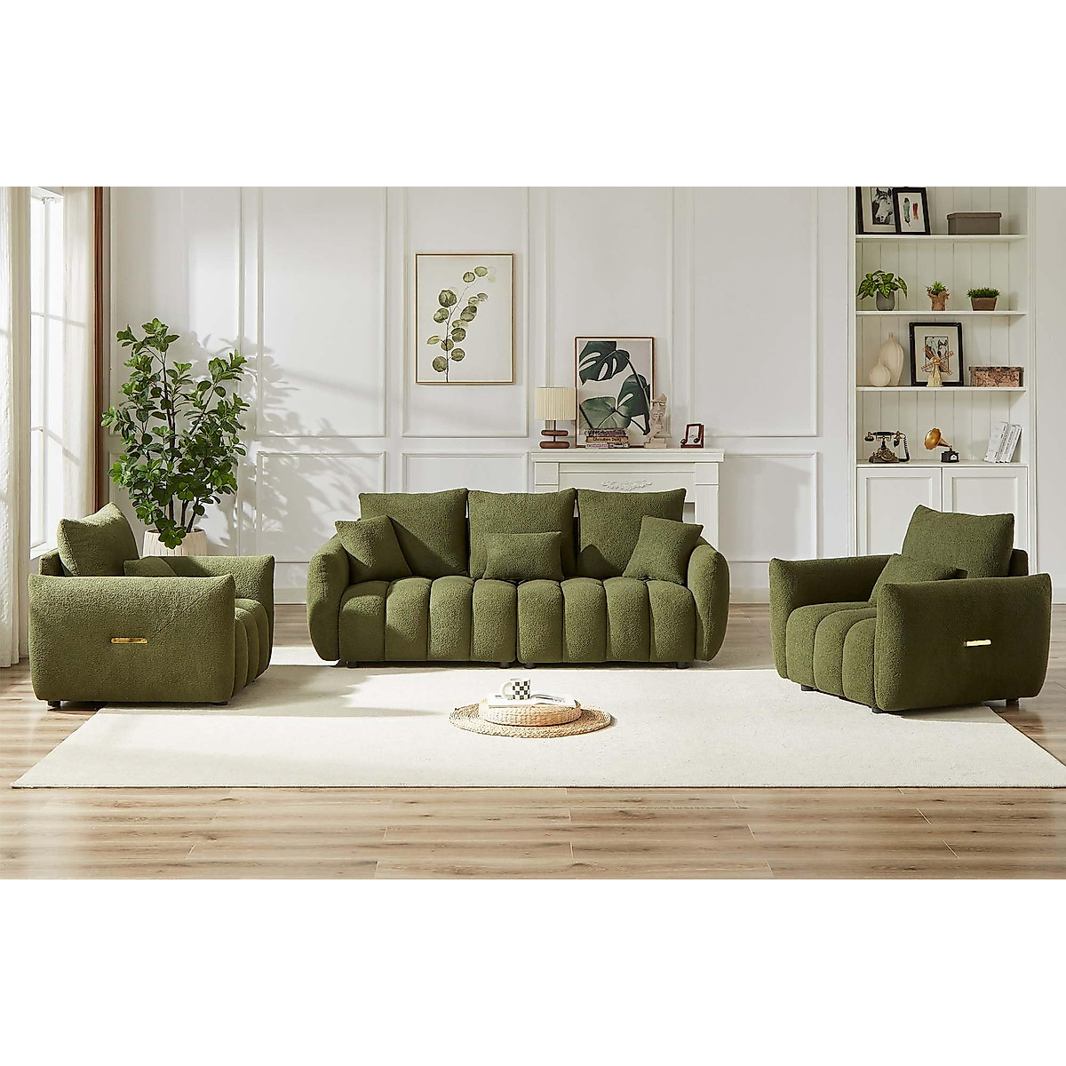 Antetek Teddy Sofa Set for Living Room, Modern Deep Seat Sofa Chair and Oversized 3-Seater Cloud Boucle Couch for Bedroom, Office, Apartment, Furniture Set, Green (2 Piece)