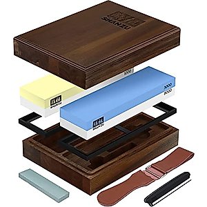 Sharpening Stone Set with Wood Storage Box, SHAN ZU Whetstone Dual Grit 400/1000 & 3000/8000 Knife Sharpener Stone Includes Non-Slip Rubber Strip & Flattening Stone & Angle Guide & Leather Razor Strop