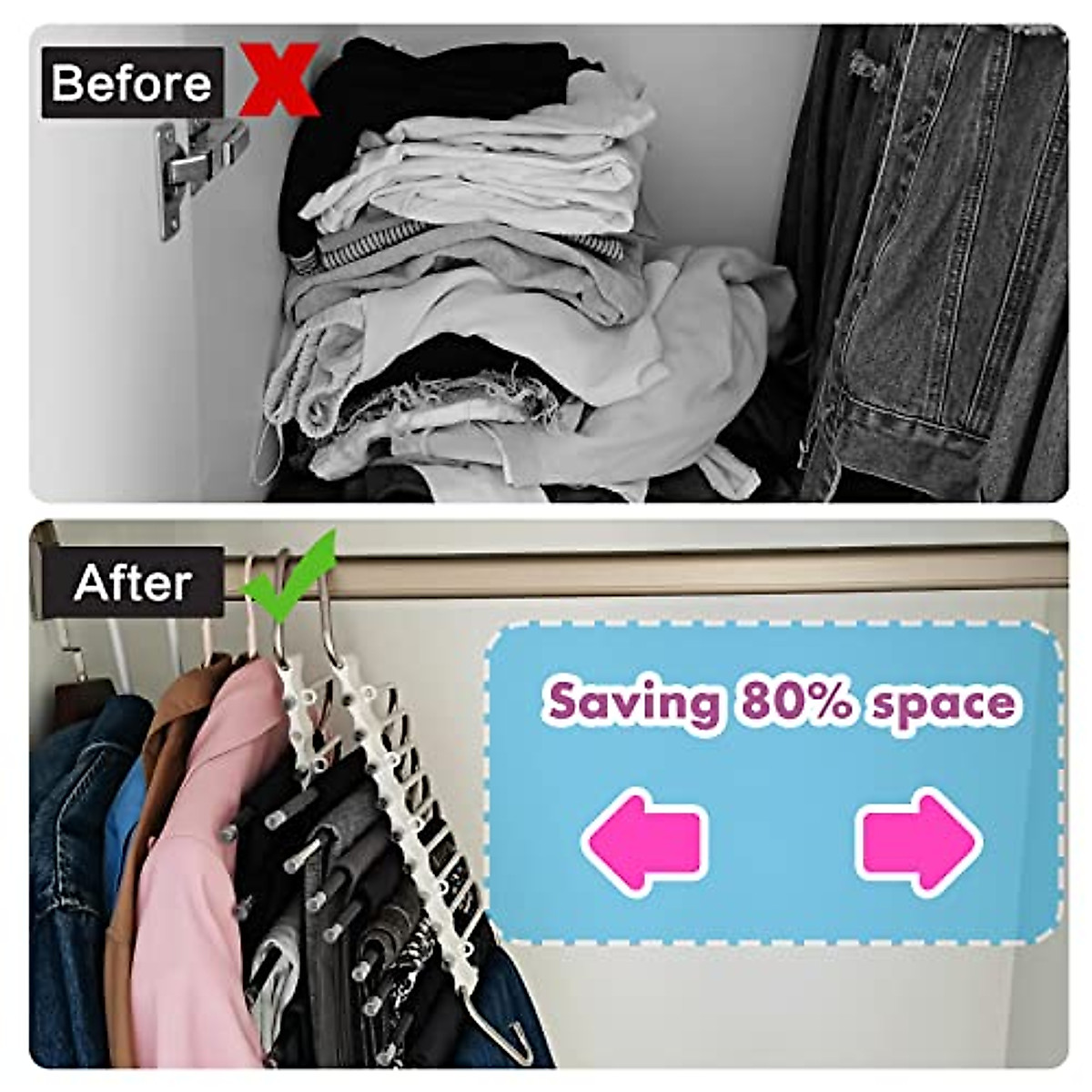 HotMax Pants Hanger Space Saving, Multiple Pants Organizer for Closet, Stainless Steel Jeans Hangers, Non-Slip Trousers Storage Organizer for Scarf, Skirt(2packs, 5-rods)