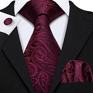 YOHOWA Men Tie Set Paisley Burgundy Silk Necktie Handkerchief Cufflinks Formal Business Wedding Party