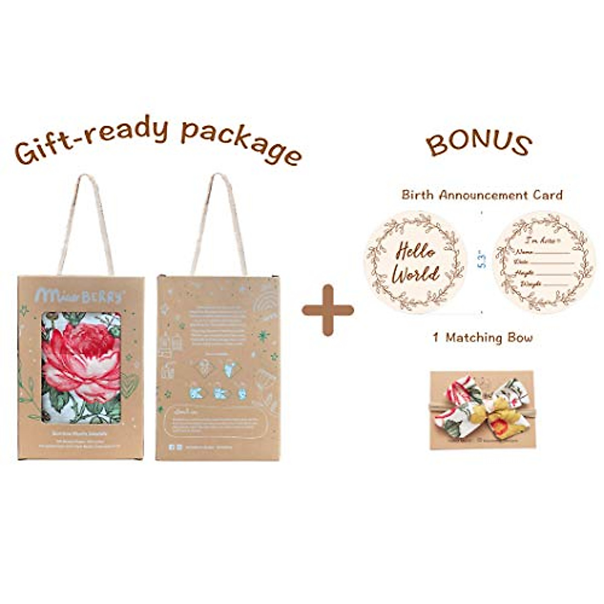 Bamboo Cotton Muslin Floral Swaddle Blankets Girl with Headband| Hospital Newborn Baby Receiving Blanket| Silky Soft Large 47’’X47’’| Newborn Baby Nursery Swaddle Wrap |Birth Announcement Card