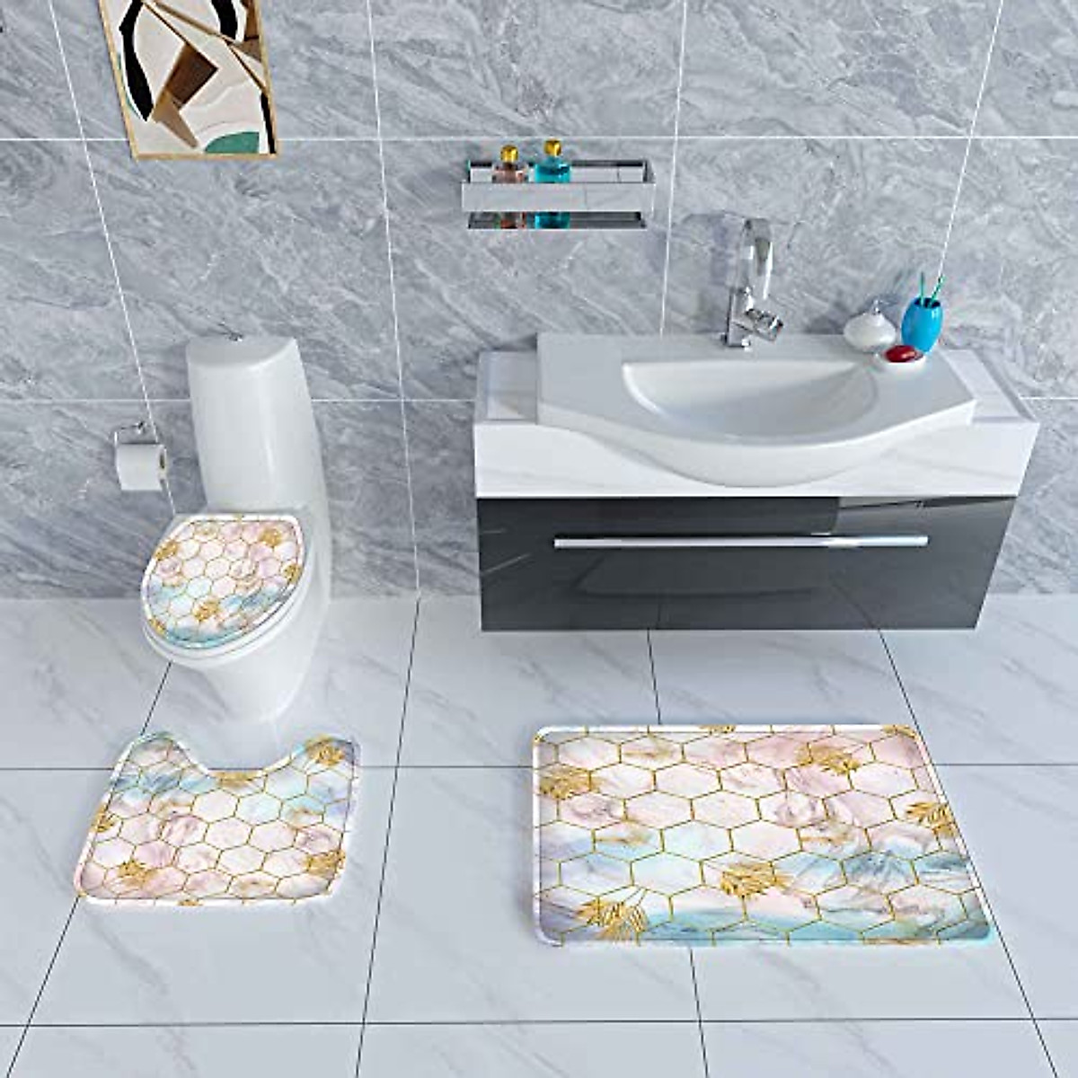 dowhufund 4pcs Marble Bathroom Shower Curtain Sets with Rugs Accessories ,Bathroom Curtains Shower Set Bathroom Decor with 12 Hooks ,Toilet Lid Cover Sets with Non-Slip Rug Bath Mat