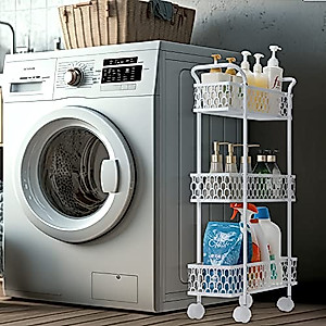 Slim Rolling Storage Cart, 3 Tier Bathroom Organizer Mobile Shelving Unit, Mobile Shelving Unit Cart with Handle and Lockable Wheels for Bathroom,Laundry,Living Room,Kitchen (White)