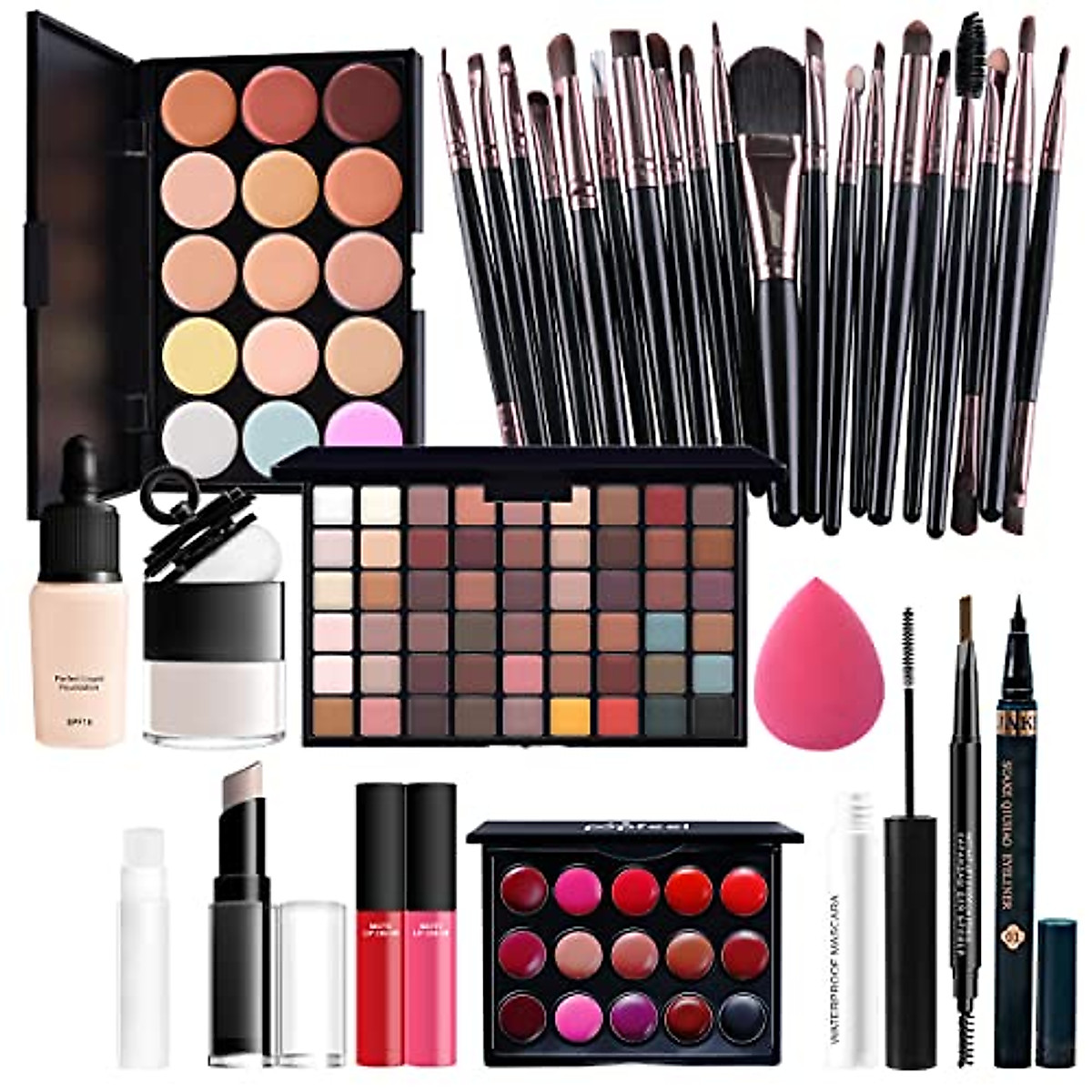 All in one makeup kit full versatile essential eyeshadow palette lipstick, blush, foundation, concealer, lip gloss, mascara, lip balm, powder puff powder, makeup set for women