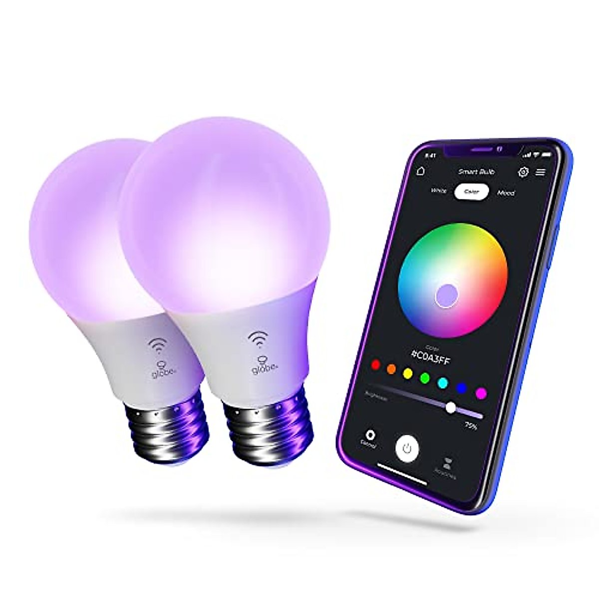 Globe Electric 34207 Wi-Fi Smart 10 Watt (60W Equivalent) Multicolor Changing RGB Tunable White Frosted LED Light Bulb 2-Pack, No Hub Required, Voice Activated, 2000K - 5000K, A19 Shape, E26 Base