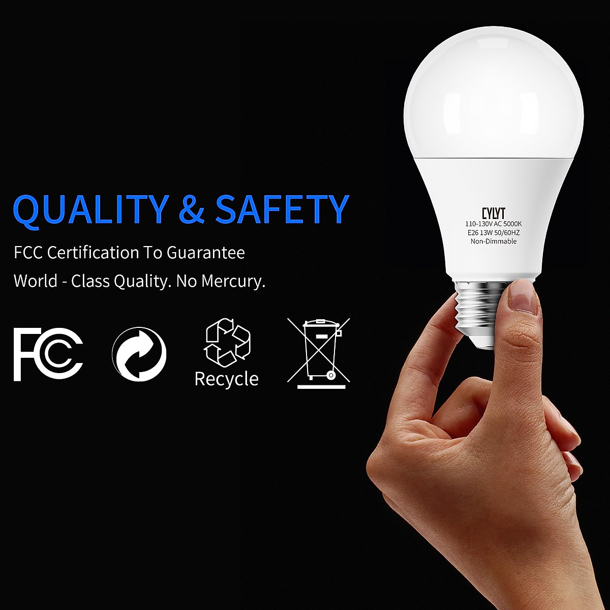 CYLYT 100W Equivalent Bright LED Light Bulbs, Daylight White 5000K A19 Lightbulbs, Focos LED para Casa, for Kitchen Bedroom Indoor, 1500 Lumens, E26 Standard Base, 4-Pack, Non-Dimmable