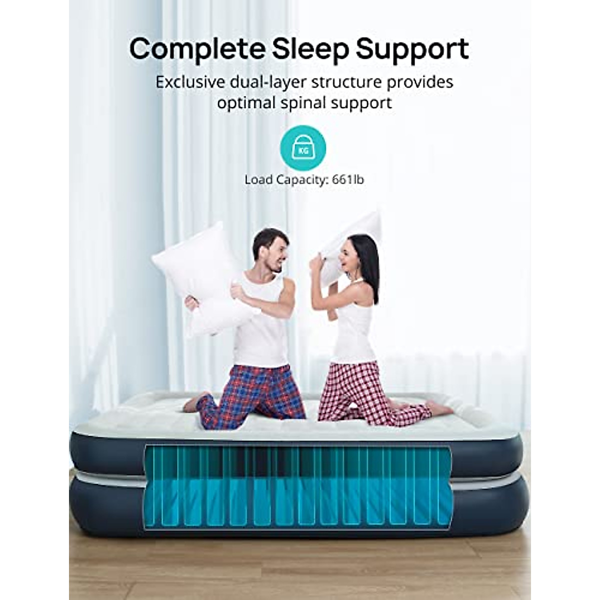 Evajoy Full Size Air Mattress with Built in Pump, 18'' Inflatable Luxury Double High Blow Up Mattress, Easy to Inflate/Quick Set Bed, Durable Portable Waterproof Blue & Grey (EJ-HF001)