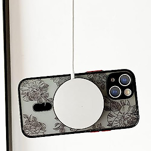 Skyseaco for iPhone 13 Mini Case Compatible with MagSafe for Black Frosted PC Back Protector Flower Shockproof Black Floral Blooms Design Protective Women Girls Phone Case - Flower Blooms/Black