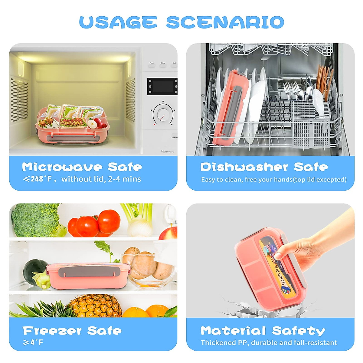 Bento Box Lunch Box, Bento Box Adult Lunch Box, Lunch Containers for Adults/Students, 5 Cup Bento Boxes with 4 Compartments&Fork, Leak-Proof, New and Upgraded Packaging, Pink