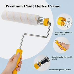 Mister Rui Paint Roller Kit, 10 Pack, 9 Inch Paint Roller Frame with Microfiber Roller Covers, Stainless Steel Extension Pole 3 Segments Total 3 Ft, Paint Supplies for Walls and Ceilings
