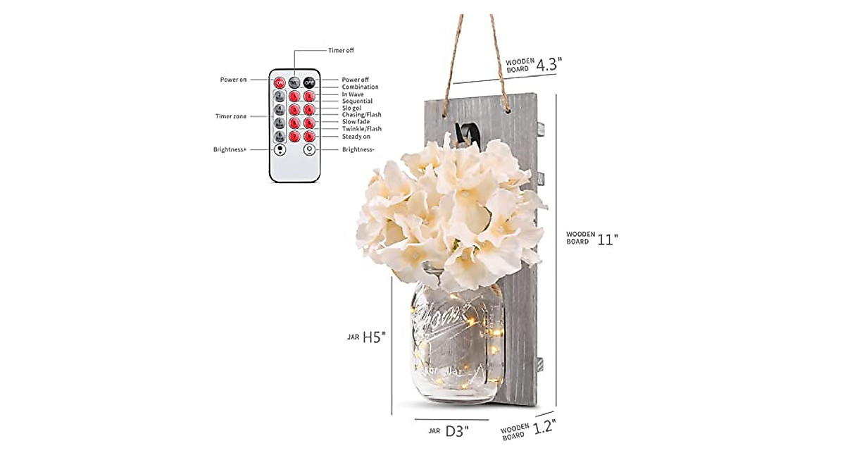 HOMKO Rustic Mason Jar Wall Decor with Timer & Lights