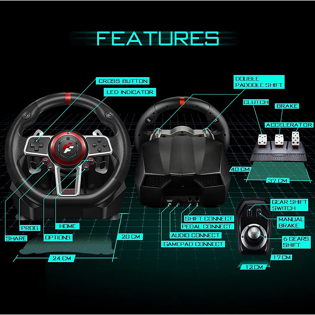 Flashfire Suzuka 900R racing wheel set with Clutch pedals and H-shifter for PC, PS3, PS4, Xbox 360, XBOX ONE and Nintendo Switch