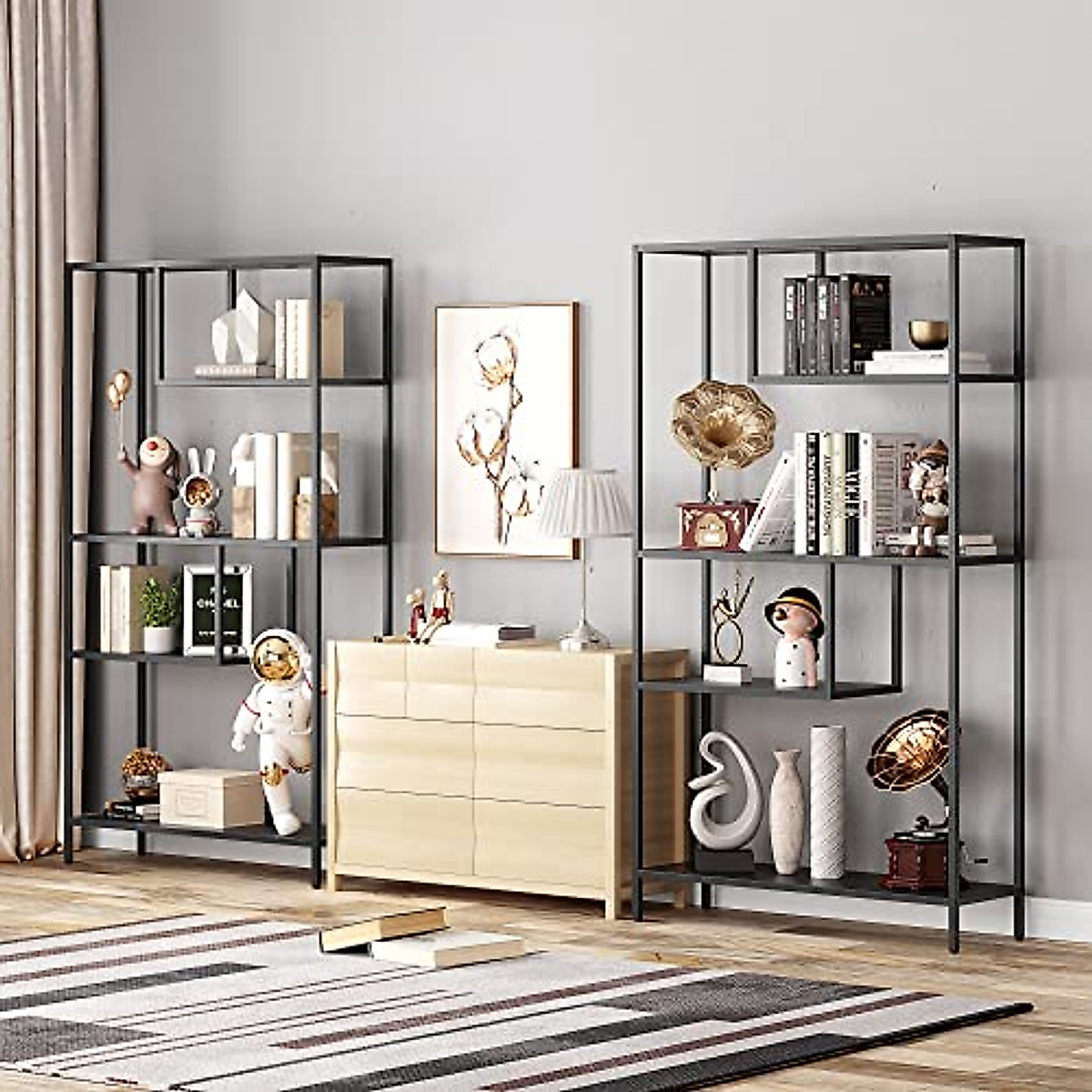 HOME BI Bookshelf,4 Tier Metal Frame Bookcase, Tall Book Shelf,Open Display Shelves for Office, Study Room, Living Room,Black 13" D x 39.37" W x 70.08" H