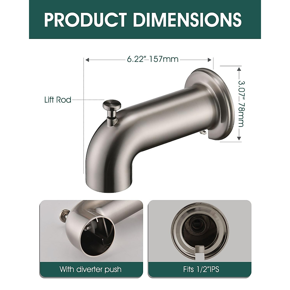 LOCALAND Extra Long Tub Spout with Diverter, Fits for 1/2" IPS Threads,Brushed Nickel