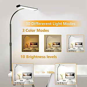 AWLYLNLL LED Desk Lamps for Home Office with USB Adapter, Eye-Caring Gooseneck Architect Desk Lamp with Clamp, 3 Colors Modes 8W Dimmable Brightness Desk Light for Workbench Study, Black