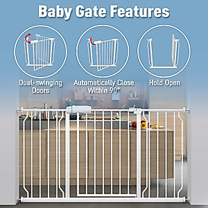 ALLAIBB Extra Wide Pressure Mount Baby Gate Auto Close White Metal Child Dog Pet Safety Gates with Walk Through for Stairs,Doorways,Kitchen and Living Room Suit for 57.48-62.20inch
