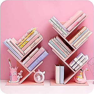 J.DXHY Tree Bookshelf,4-Layer Floor Standing Bookshelf,The Desktop Bookshelf Can Hold Books,Magazines,CDs and Photo Albums,Office Storage Rack,Pink