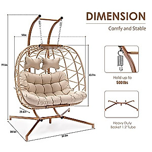 RADIATA Double Egg Chair with Stand Luxury Outdoor Patio Wicker Loveseat Hanging Swing Chairs Resistant Cushions Metal Frame 500 lbs Capaticy for 2 Persons Backyard Balcony Beige Beige Rattan