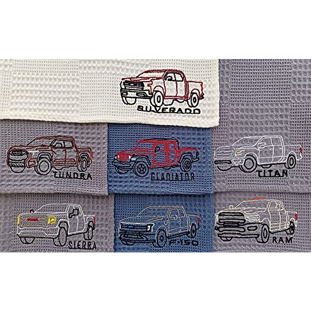 Hyperall Pickup Truck Series 100% Turkish Cotton Towels Set 7-Piece 13x13inch (Grey,Cream,Indian Blue) for Bathroom Kitchen Car Hand Face Hair Dishes Glass Window Children Embroidery Custom Design
