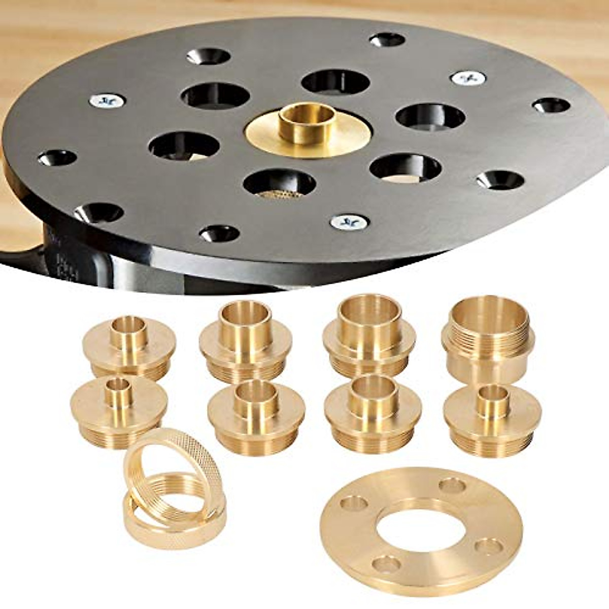 BTER Router Template Guide Set, 11pcs Solid Brass Template Guide Bushing Set, Portable Router Guide Bushing Kit with Carrying Case, Lock Nuts & Template Guide Adapter for Hinge Routing, Dovetailing