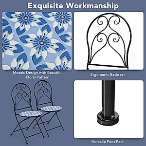 Giantex 2 Pieces Folding Bistro Chairs, Mosaic Patio Chairs with Ceramic Tiles Seat and Exquisite Floral Pattern, Outdoor Dining Chairs for Deck, Garden and Backyard (Blue & Black)