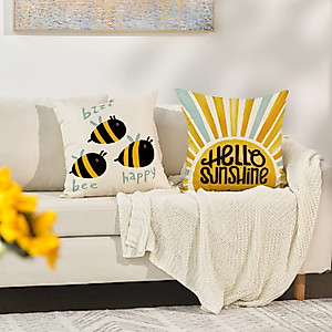 AVOIN colorlife Bee Happy Hello Sunshine Throw Pillow Covers, 18 x 18 Inch Honeycomb Sunshine Summer Cushion Case for Sofa Couch Set of 4