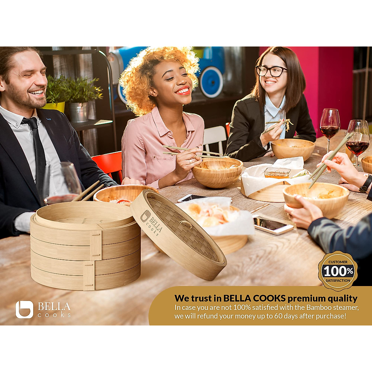 BELLA COOKS Bamboo Steamer for Cooking - Steamer Basket with a Ring - Fits every Pan & Pot - Dumpling Steamer - Incl. Extra Chopsticks & Silicone Liners