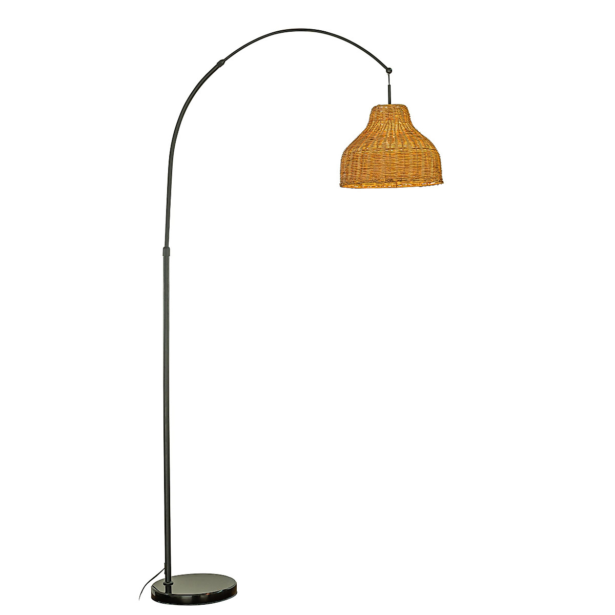 ALOADECOR 75" 1-Light Matte Black Arc Floor Lamp with Brown Rattan Shade and Marble Base Farmhouse Rattan Floor Lamp for Living Room Dining Room Bedroom