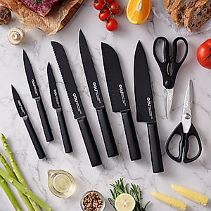 OOU Kitchen Knife Block Set - 15 Pieces High Carbon Stainless Steel Chef Knife Sets, Anti-Rust Black Knives Set with Built-in Sharpener Block, Black