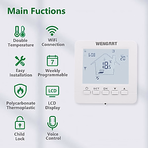 Wengart WiFi Smart Thermostat WG02B05,Heat Only 2.4GHz Wi-Fi APP TUYA for Radiant Floor Heating,Compatible with Alexa Echo/Google Home,AC90-240V Max3A White Backlight