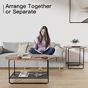 Amada Coffee Table Set, 2-Tier Center Table with Open Shelf and Metal Frame, Modern Round Coffee Table for Living Room, Set of 2, AMCT2V