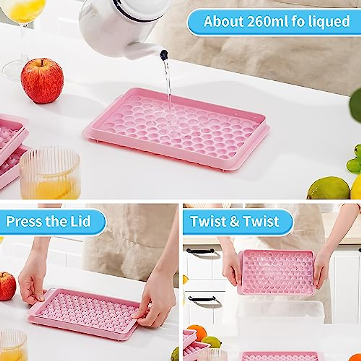 4 Pack Mini Round Ice Cube Tray, Ice Ball Maker Mold for Freezer with Container, Sphere Ice Cube Tray Making 99pcs Circle Ice Chilling Cocktail Whiskey Tea Coffee - Pink