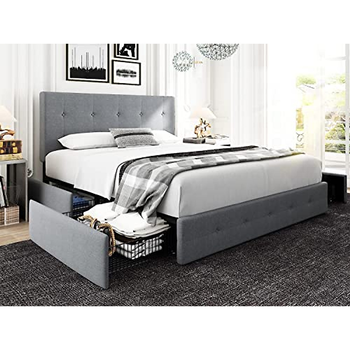 HOOMIC King Size Platform Bed Frame with 4 Storage Drawers, Adjustable Headboard with Square Stitched Button Tufted Design, Wooden Slats, No Box Spring Needed, Noise Free, Easy Assembly, Light Grey