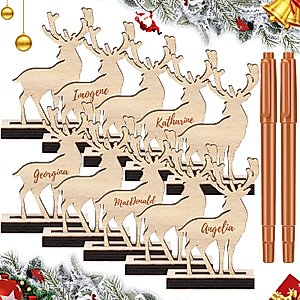 Spiareal 12 Pcs Christmas Reindeer Name Place Cards Wooden Table Decoration Tags Number Sign with Mark Pens Xmas Gift for Setting Dinner Party Holiday Family Supply