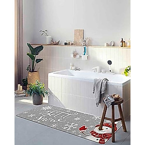 Jolunifun Christmas Snowman Bath Mat for Tub,Non Slip Bathroom Floor Runner Rug Quick Dry &amp; Absorbent Diatomaceous Earth Shower Sink Bedroom Kitchen Washable Doormat,Winter Red Snowflake Grey 20&quot;x47&quot;