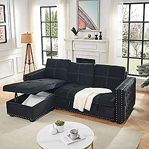 ATY L-Shaped Sectional Sofa with Reversible Storage Chaise & Pulled Out Couch Bed, Living Room Home Furniture 4-Seater w/Copper Nail for Office, Black