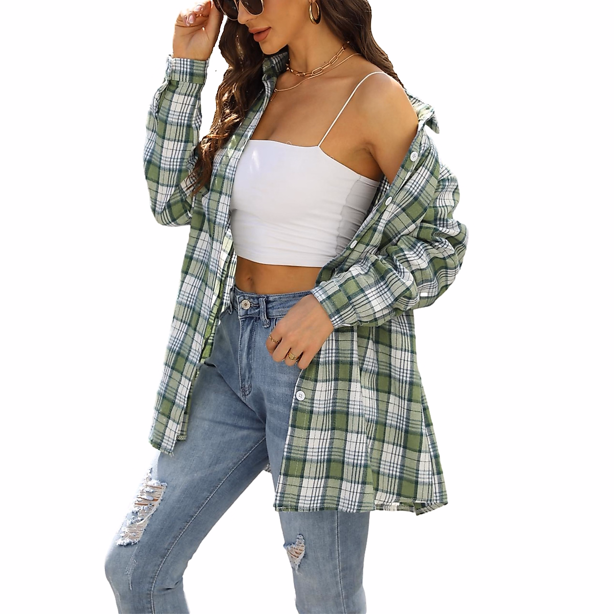 HangNiFang Flannel Plaid Shirts for Women Oversized Button Down Shirts Blouse(0768-LightGreen-L)