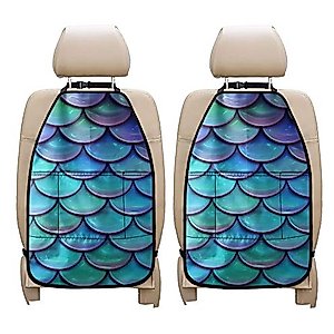 GLENLCWE Blue Mermaid Scales Car Seat Back Protectors Kick Mat + 4 Pockets Waterproof Seat Covers for The Back of Your Seat 2 Pack