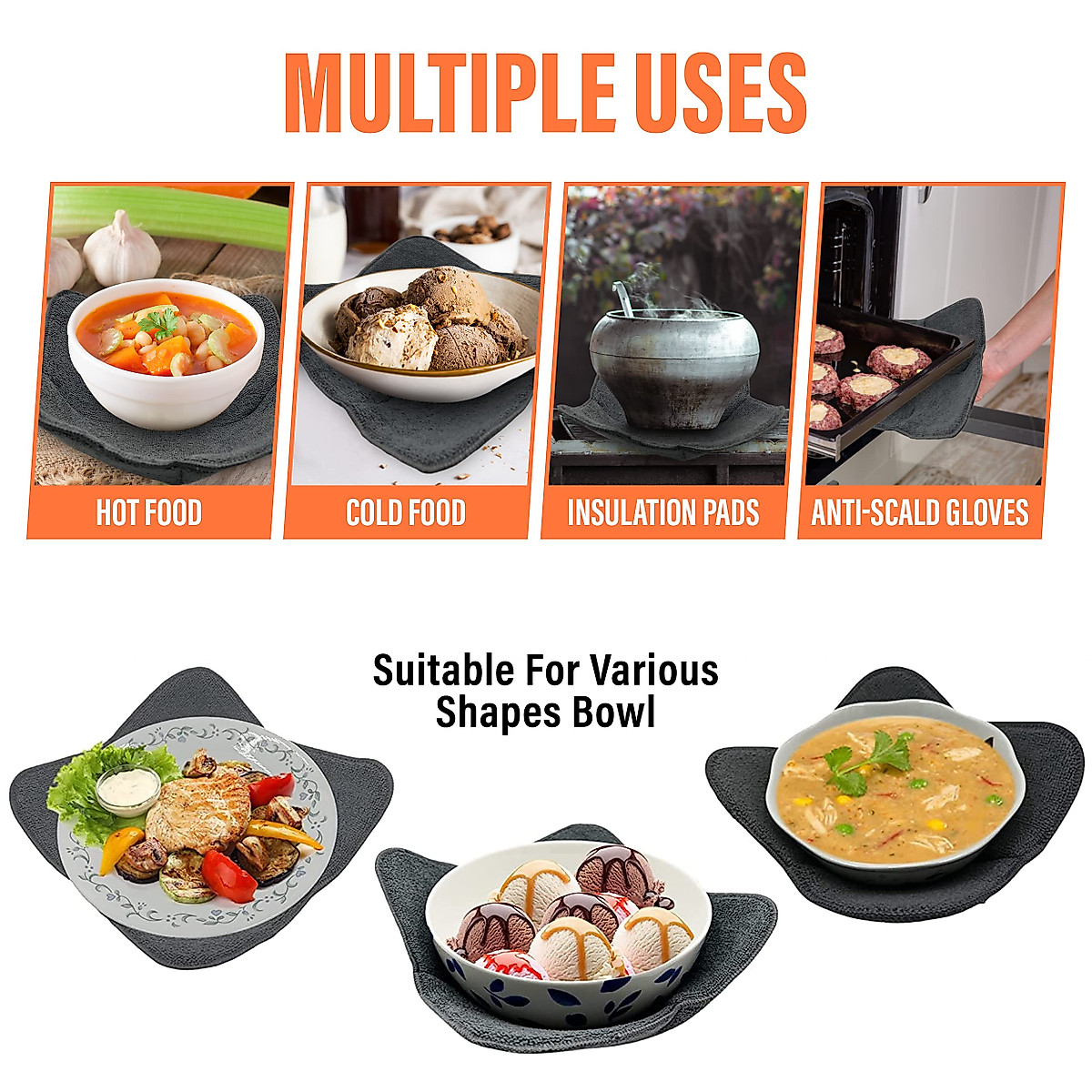 RS Collections 4 Pieces Microwave Bowl or Pot Holders Microwave bowl holder set to keep food warm Heat Resistant Potholder Protector Large Hot Pads Microwave Plate Holder(Gray)