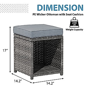 JOIVI 2 Pieces Outdoor Patio Ottoman, All Weather Rattan Wicker Ottoman Set, Outdoor Footstool Footrest Seat with Removable Cushions Storage Space, Grey