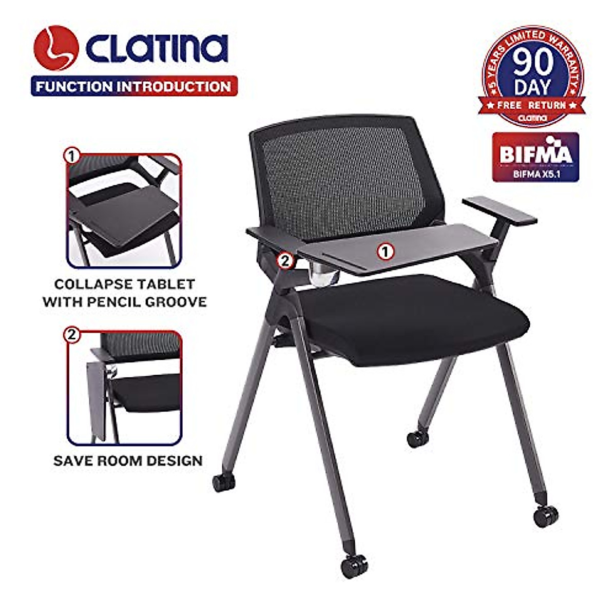 CLATINA Tablet Arm Chair with Caster Wheels Mesh Guest Nesting Stacking for Office School Classroom Training Conference Waiting Room Black