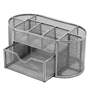 Black office accessories, desk pen holder, mesh desk organizer with 8 compartments and 1 drawer, student stationery creative desktop iron mesh combination organizer, suitable for office home school classrooms (red)