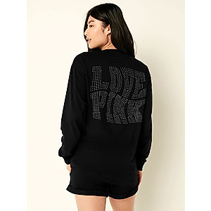 Victoria's Secret Pink Cotton Long Sleeve Campus T Shirt, Women's T Shirt, Pure Black, XL