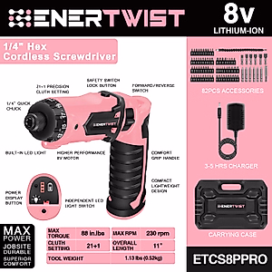 Enertwist Electric Screwdriver, 8V Max 10Nm Pink Cordless Screwdriver Rechargeable Set with 82 Accessory Kit and Charger in Carrying Case, 21+1 Cluth, Dual Position Handle, LED Light