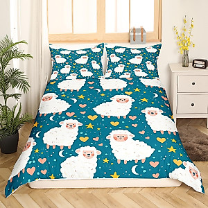 Castle Fairy White Sheep Pattern Bedding Sets Queen Colorful Spots Love Deying Comforter Cover for Kids Microfiber 3 Pieces Duvet Sets(1 Duvet Cover 2 Pillow Cases),No Comforter