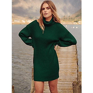 ANRABESS Women Oversized Turtleneck Batwing Long Sleeve 2024 Fall Casual Baggy Loose Cozy Rib Knit Short Mini Sweater Dress Dark Green Small